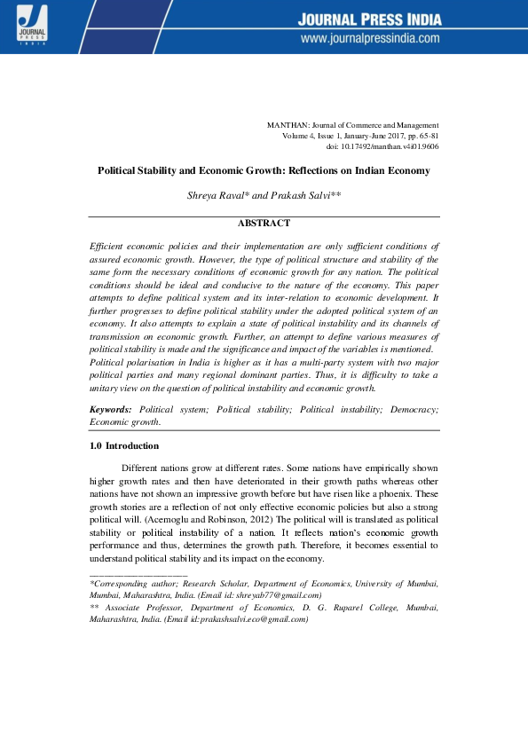 (PDF) Political Stability and Economic Growth: Reflections on Indian ...