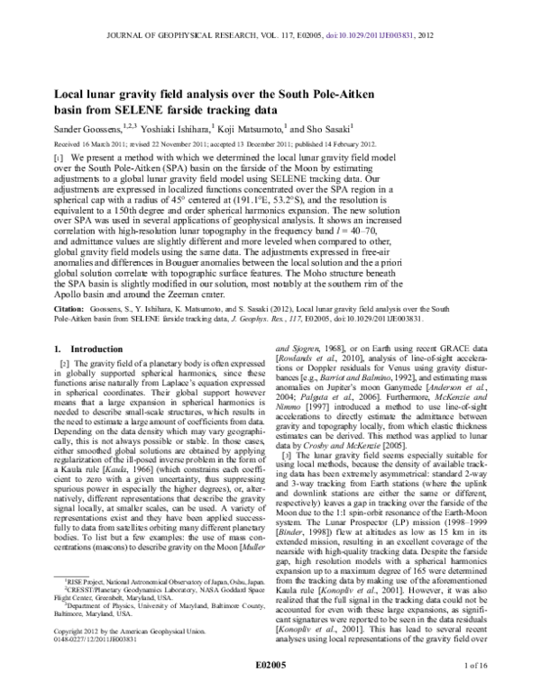 (PDF) Local lunar gravity field analysis over the South Pole-Aitken basin from SELENE farside ...