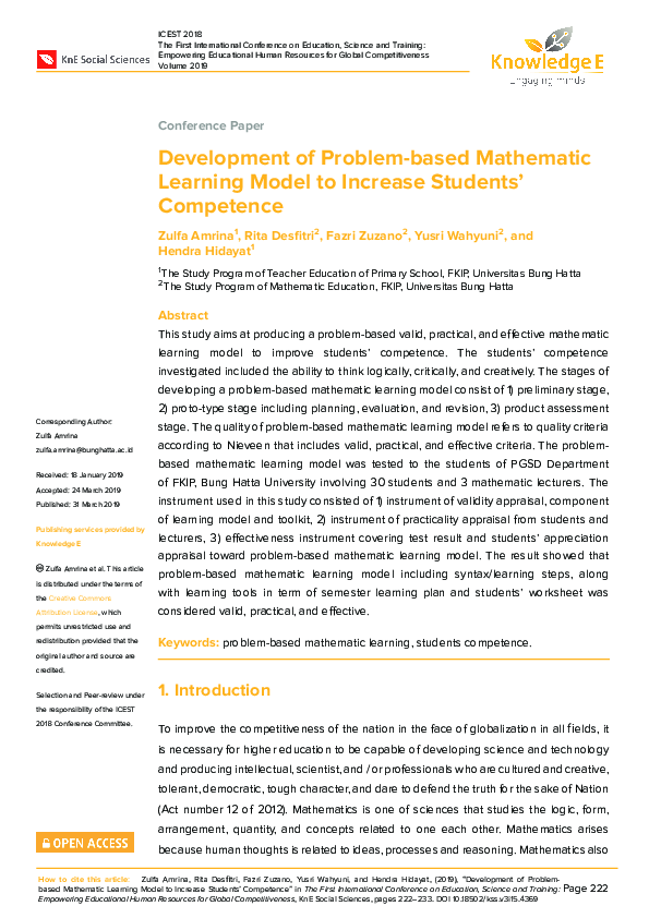 (PDF) Development of Problem-based Mathematic Learning Model to ...