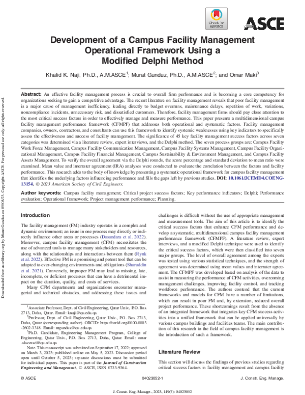 (PDF) Development of a Campus Facility Management Operational Framework Using a Modified Delphi ...