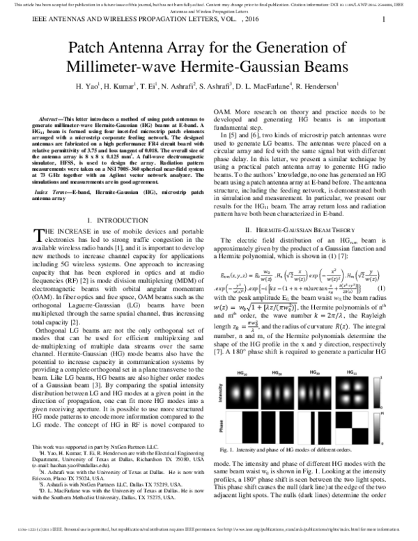 (PDF) Patch Antenna Array for the Generation of Millimeter-Wave Hermite–Gaussian Beams