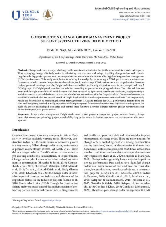 (PDF) CONSTRUCTION CHANGE ORDER MANAGEMENT PROJECT SUPPORT SYSTEM UTILIZING DELPHI METHOD