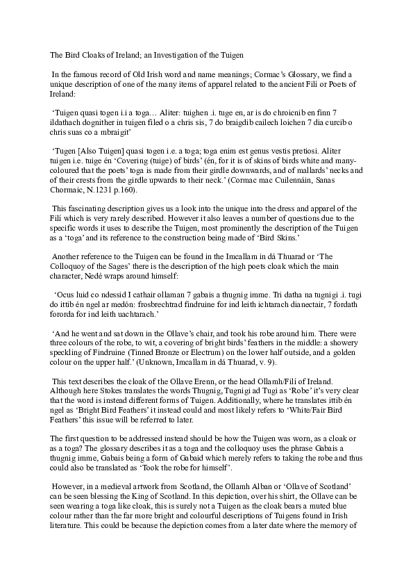 (DOC) The Bird Cloaks of Ireland; an Investigation of the Tuigen