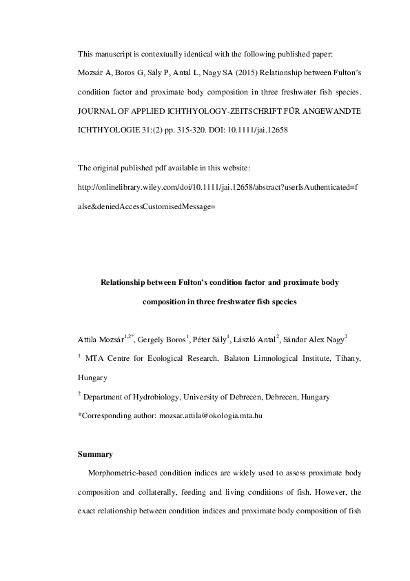 (PDF) Relationship between Fulton's condition factor and proximate body ...