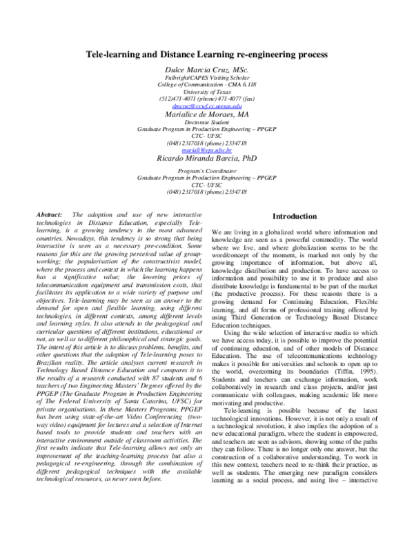 (PDF) Telelearning and Distance. Learning re-engineering process
