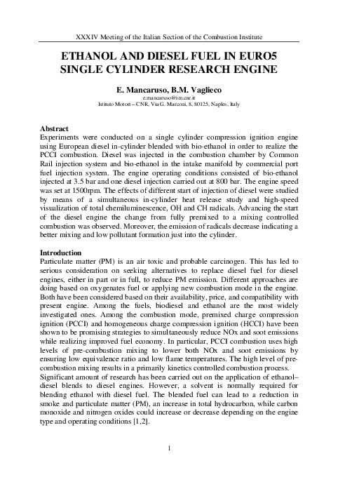 (PDF) Ethanol and Diesel Fuel in EURO5 Single Cylinder Research Engine