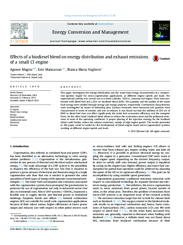 (PDF) Effects of a biodiesel blend on energy distribution and exhaust emissions of a small CI engine