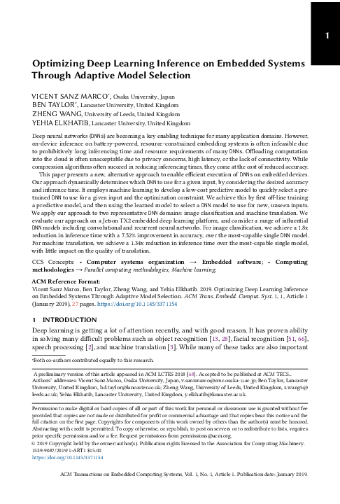 (PDF) Optimizing Deep Learning Inference on Embedded Systems Through Adaptive Model Selection
