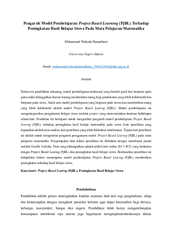 (PDF) Pengaruh Model Pembelajaran Project Based Learning (PjBL) Terhadap Peningkatan Hasil ...