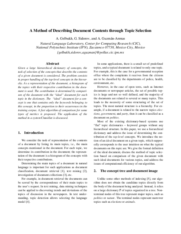 (PDF) A method of describing document contents through topic selection
