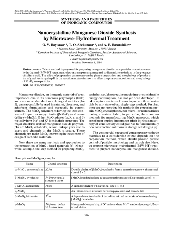 (PDF) Nanocrystalline manganese dioxide synthesis by microwave-hydrothermal treatment