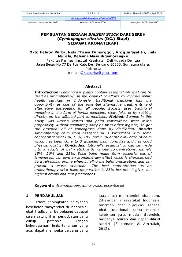 (PDF) PEMBUATAN SEDIAAN BALSEM STICK DARI SEREH (Cymbopogon citratus ...