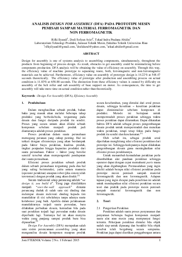 (PDF) Analisis Design For Assembly (DFA) pada Prototipe Mesin Pemisah ...