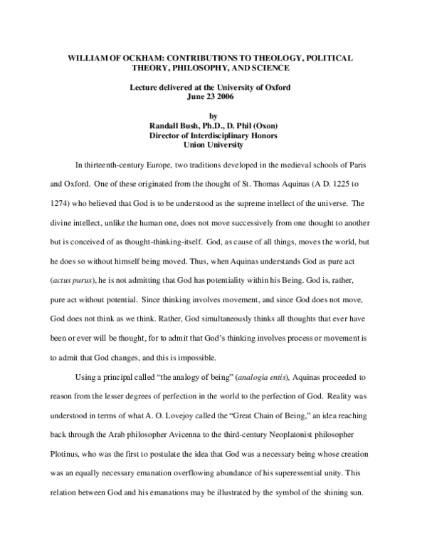 (PDF) WILLIAM OF OCKHAM: CONTRIBUTIONS TO THEOLOGY, POLITICAL THEORY, PHILOSOPHY, AND SCIENCE