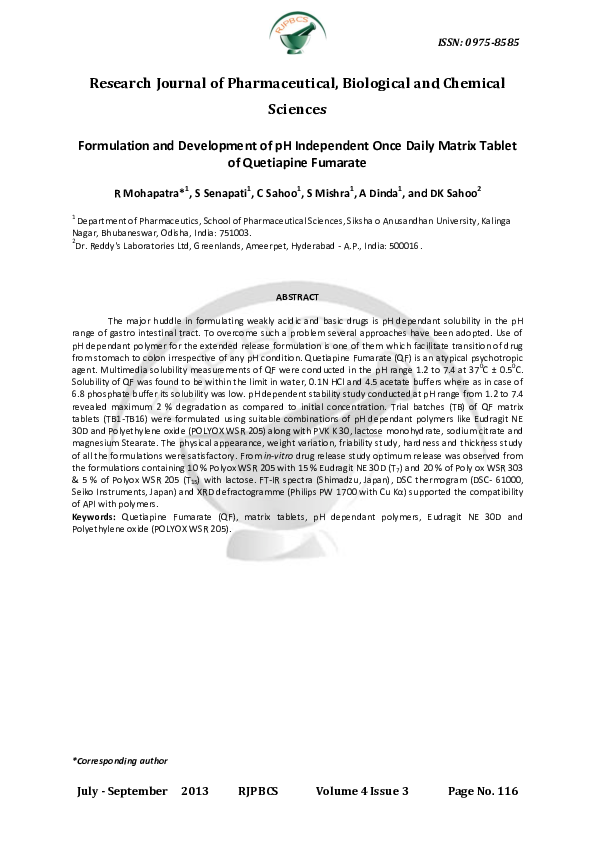(PDF) Formulation and development of pH-independent/dependent sustained release matrix tablets ...