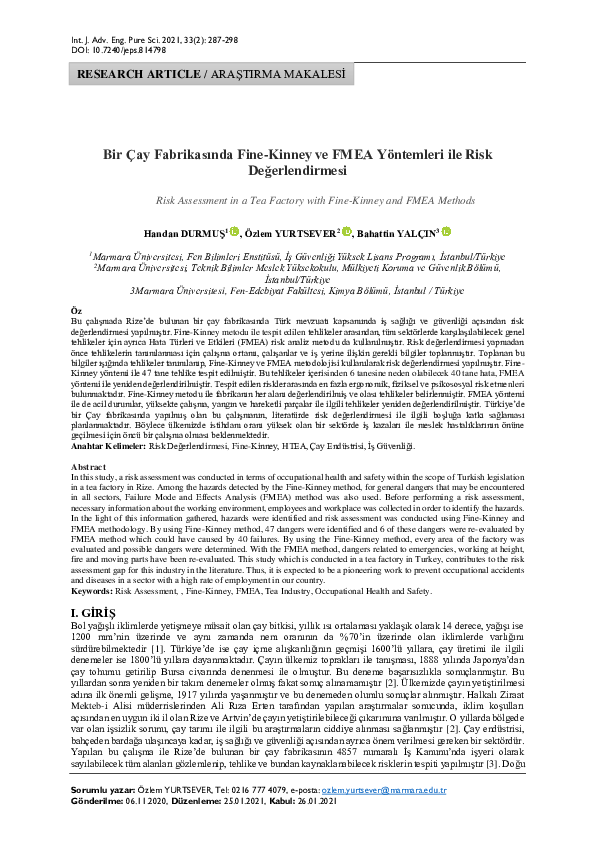 (PDF) Bir Çay Fabrikasında Fine-Kinney ve FMEA Yöntemleri ile Risk ...