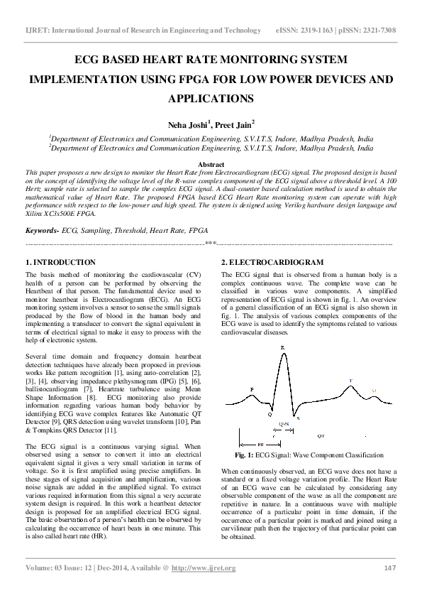 (PDF) Ecg Based Heart Rate Monitoring System Implementation Using Fpga for Low Power Devices and ...