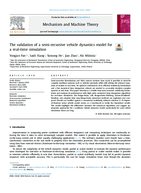 Pdf The Validation Of A Semi Recursive Vehicle Dynamics Model For A Real Time Simulation