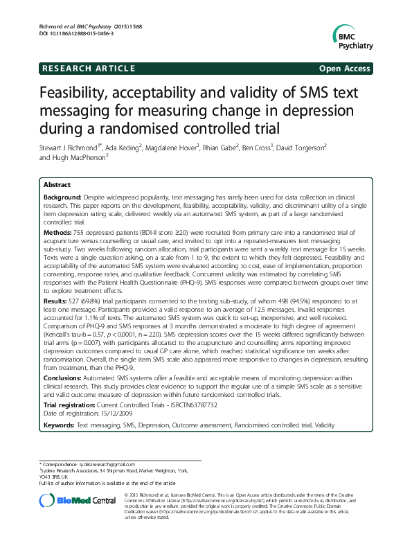 (PDF) Feasibility, acceptability and validity of SMS text messaging for ...