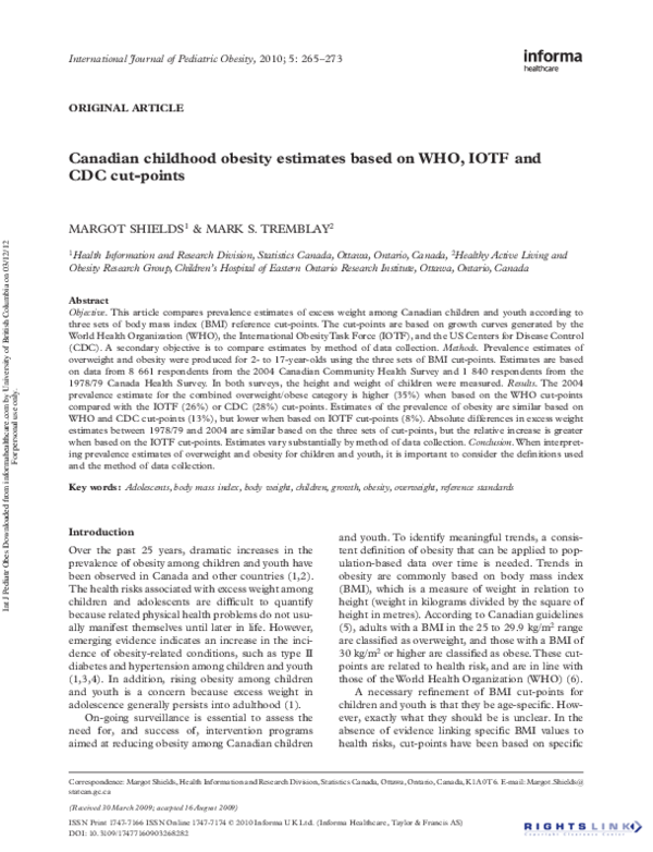 (PDF) Canadian childhood obesity estimates based on WHO, IOTF and CDC ...