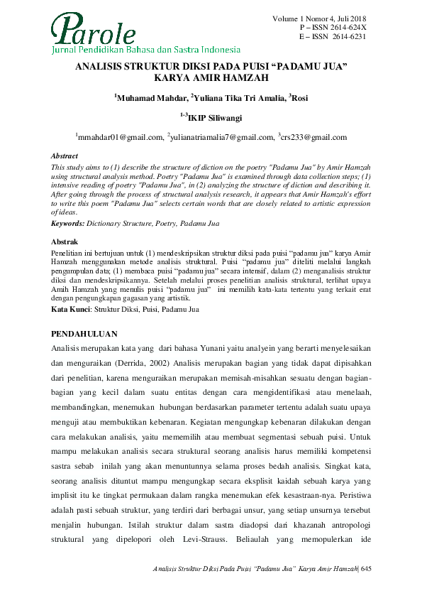 (PDF) Analisis Struktur Diksi Pada Puisi “Padamu Jua” Karya Amir Hamzah