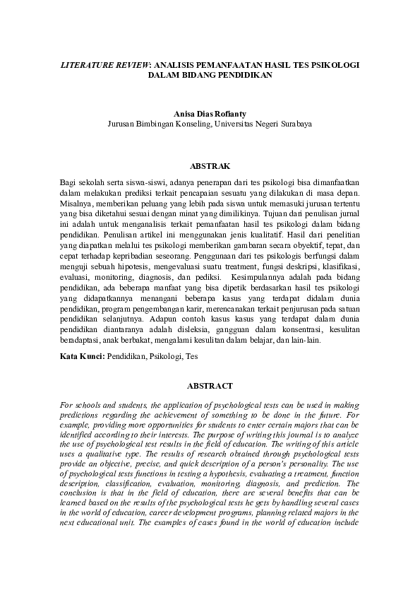 (DOC) LITERATURE REVIEW: ANALISIS PEMANFAATAN HASIL TES PSIKOLOGI DALAM ...