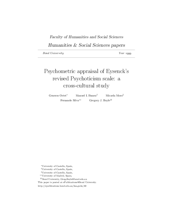 (PDF) Psychometric appraisal of Eysenck's revised Psychoticism scale: a ...