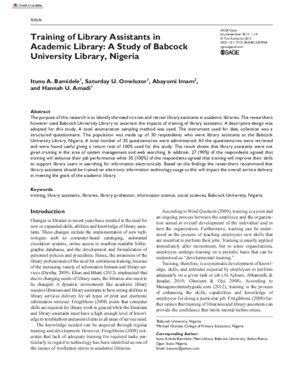 (PDF) Training of Library Assistants in Academic Library: A Study of Babcock University Library ...