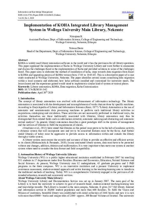 (PDF) Implementation of KOHA Integrated Library Management System in Wollega University Main ...