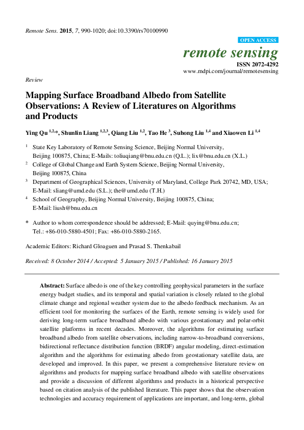 (PDF) Mapping Surface Broadband Albedo from Satellite Observations: A Review of Literatures on ...