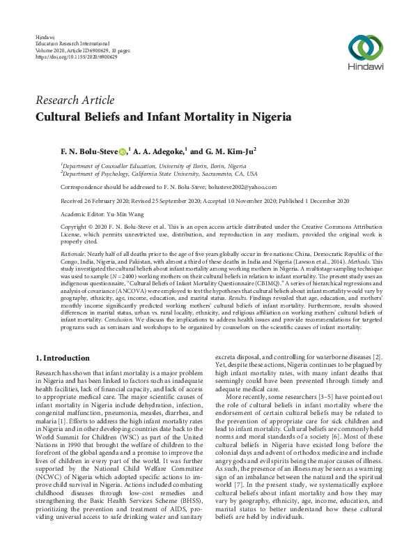 (PDF) Cultural Beliefs and Infant Mortality in Nigeria | Foluke Nike BOLU-STEVE - Academia.edu