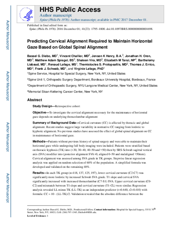 (PDF) Predicting Cervical Alignment Required to Maintain Horizontal Gaze Based on Global Spinal ...