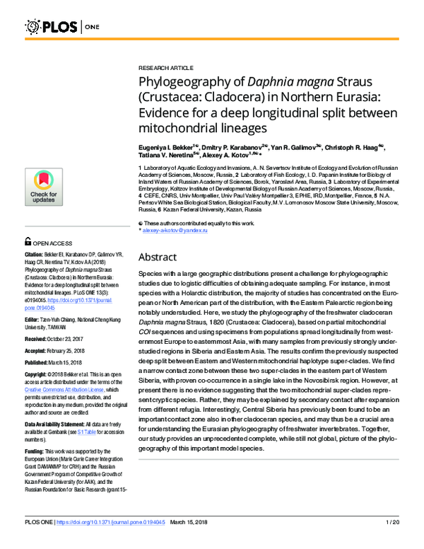(PDF) Phylogeography of Daphnia magna Straus (Crustacea: Cladocera) in Northern Eurasia ...