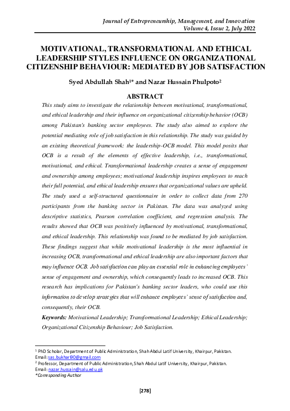 (PDF) MOTIVATIONAL, TRANSFORMATIONAL AND ETHICAL LEADERSHIP STYLES INFLUENCE ON ORGANIZATIONAL ...