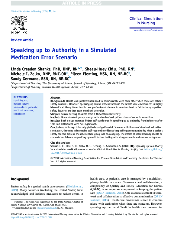 (PDF) Speaking up to Authority in a Simulated Medication Error Scenario