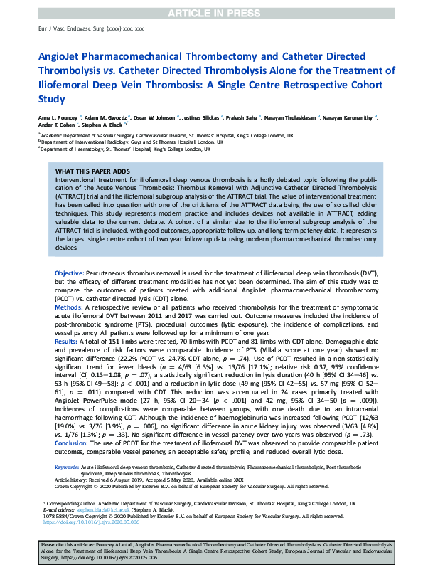 (PDF) AngioJet Pharmacomechanical Thrombectomy and Catheter Directed ...