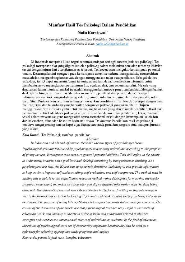 (DOC) Manfaat Hasil Tes Psikologi Dalam Pendidikan