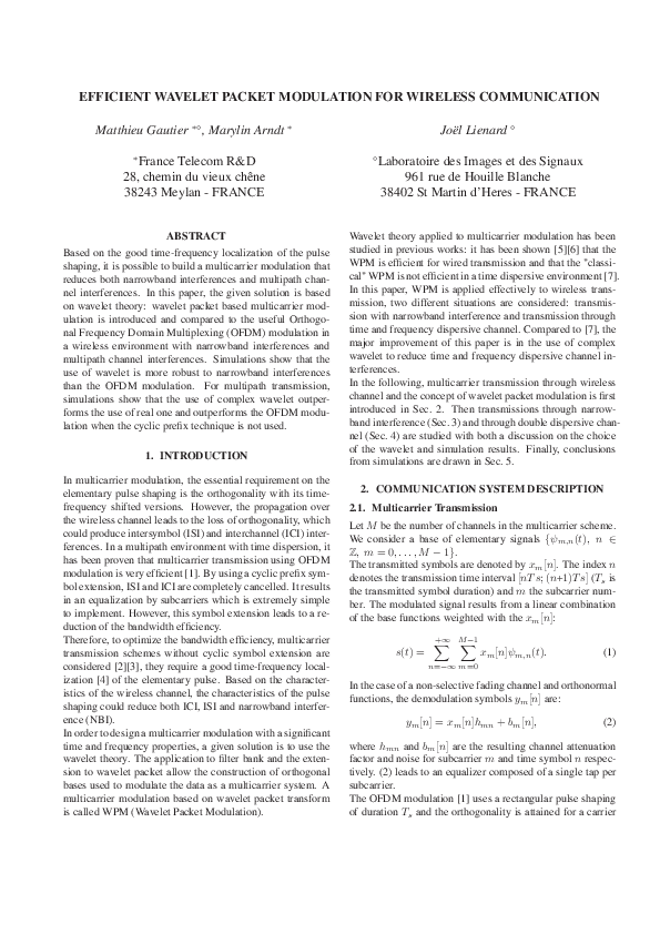 (PDF) Efficient Wavelet Packet Modulation for Wireless Communication