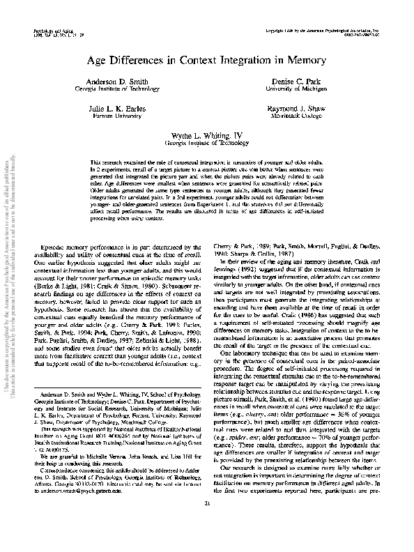 (PDF) Age differences in context integration in memory