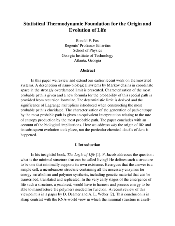 (PDF) Statistical Thermodynamic Foundation for the Origin and Evolution ...