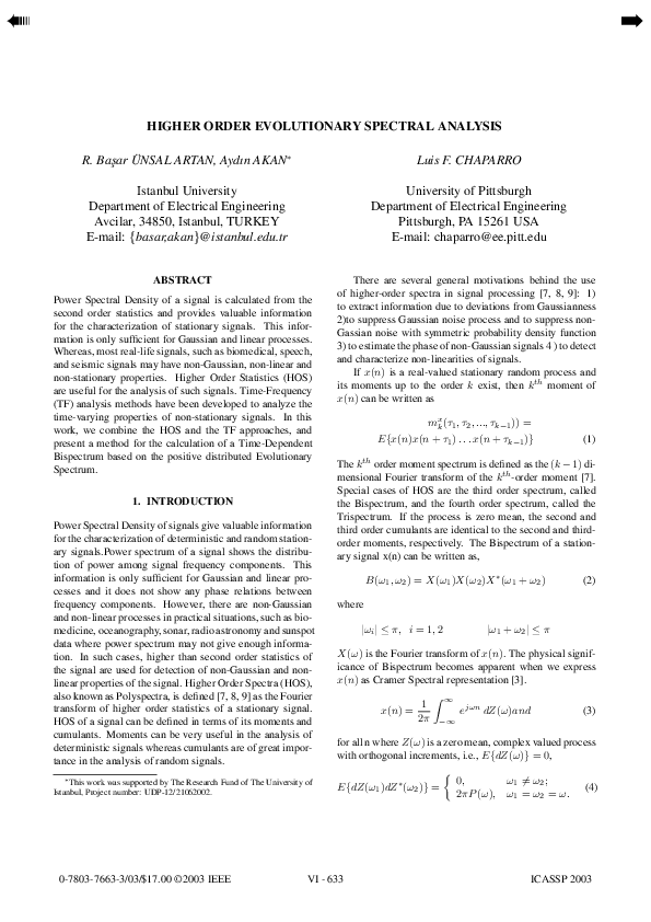 (PDF) Higher order evolutionary spectral analysis | Luis F. Chaparro - Academia.edu