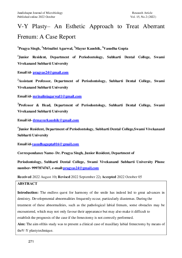 Pdf V Y Plasty An Esthetic Approach To Treat Aberrant Frenum A Case Report