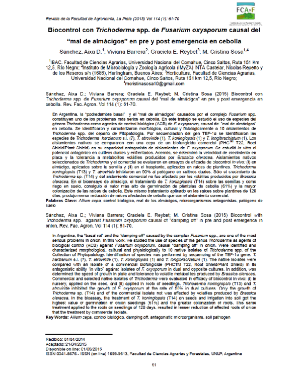 (PDF) Biocontrol con Trichoderma spp. de Fusarium oxysporum causal del “mal de almácigos” en pre ...
