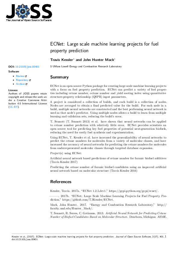 (PDF) ECNet: Large scale machine learning projects for fuel property prediction