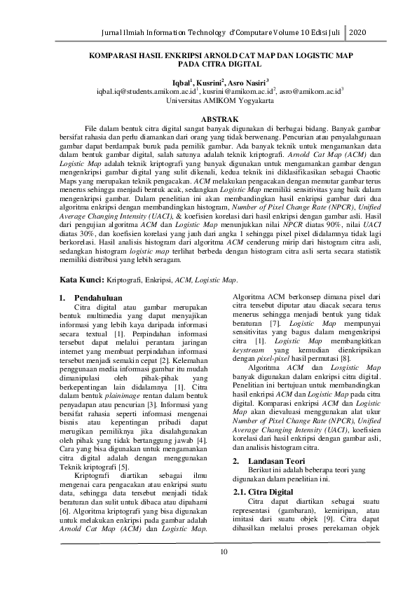 (PDF) Komparasi Hasil Enkripsi Arnold Cat Map Dan Logistic Map Pada Citra Digital