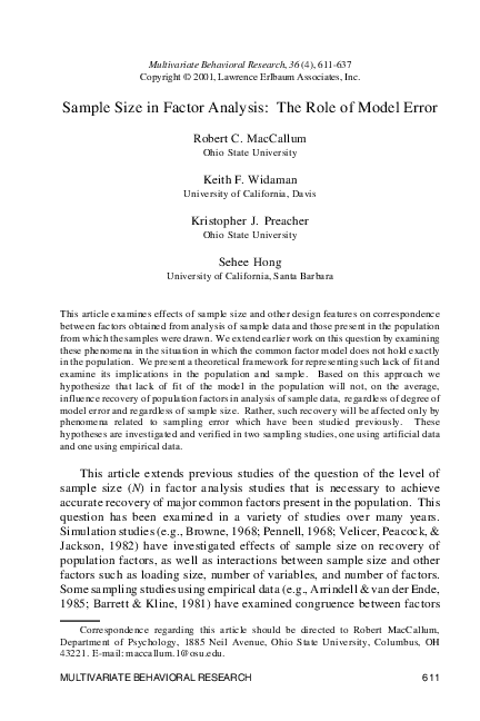 (PDF) Sample Size in Factor Analysis: The Role of Model Error