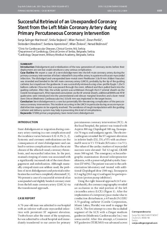 (PDF) Successful retrieval of an unexpanded coronary stent from the ...