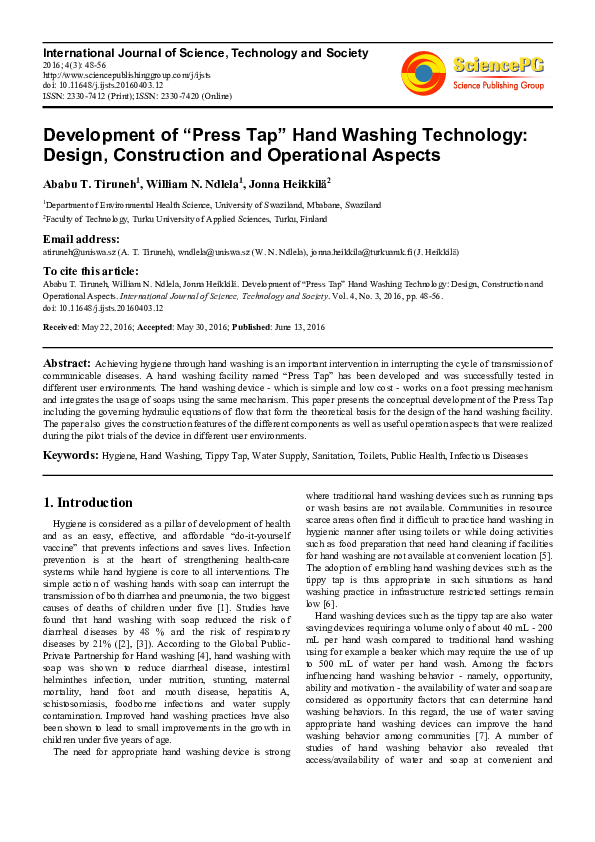 (PDF) Development of “Press Tap” Hand Washing Technology: Design ...