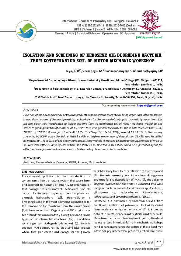 (PDF) ISOLATION AND SCREENING OF KEROSENE OIL DEGRADING BACTERIA FROM CONTAMINATED SOIL OF MOTOR ...
