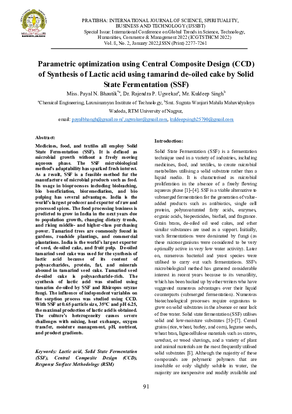 (PDF) Parametric optimization using Central Composite Design (CCD) of Synthesis of Lactic acid ...